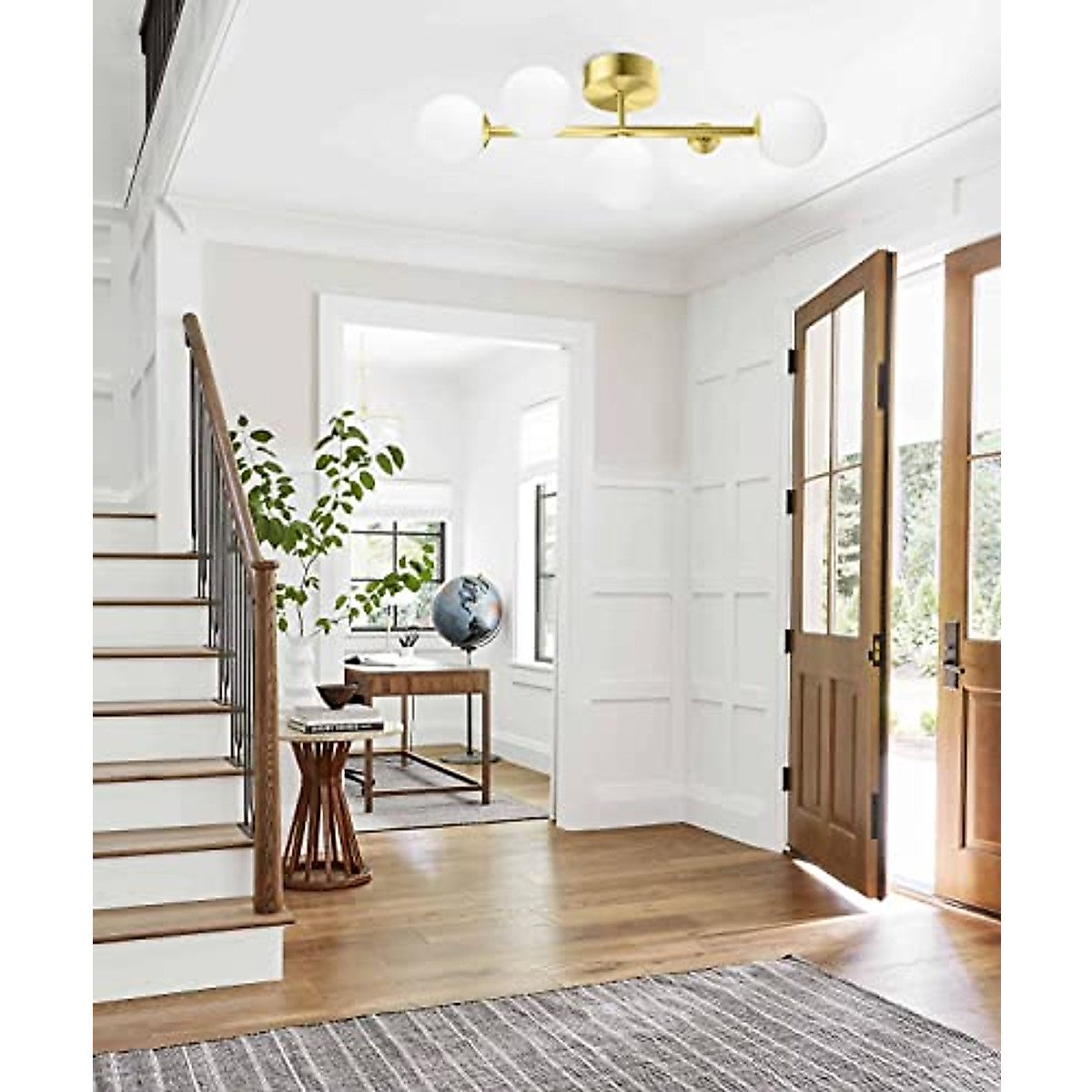 Bathroom Vanity Lights, 5-Light Bathroom Light Fixtures, Mid Century Modern Gold Bathroom Light Ceiling Light, Dimmable LED Wall Sconces Semi-Flush Mount Light Fixture with Milk Glass, Gold Brushed