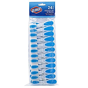 Clorox Plastic Non-Slip Clothespins – Pack of 24 | Soft Touch Rubber Grip Ends | Wide Open Sturdy Clips for Line Drying Laundry and Securing Snack Bags