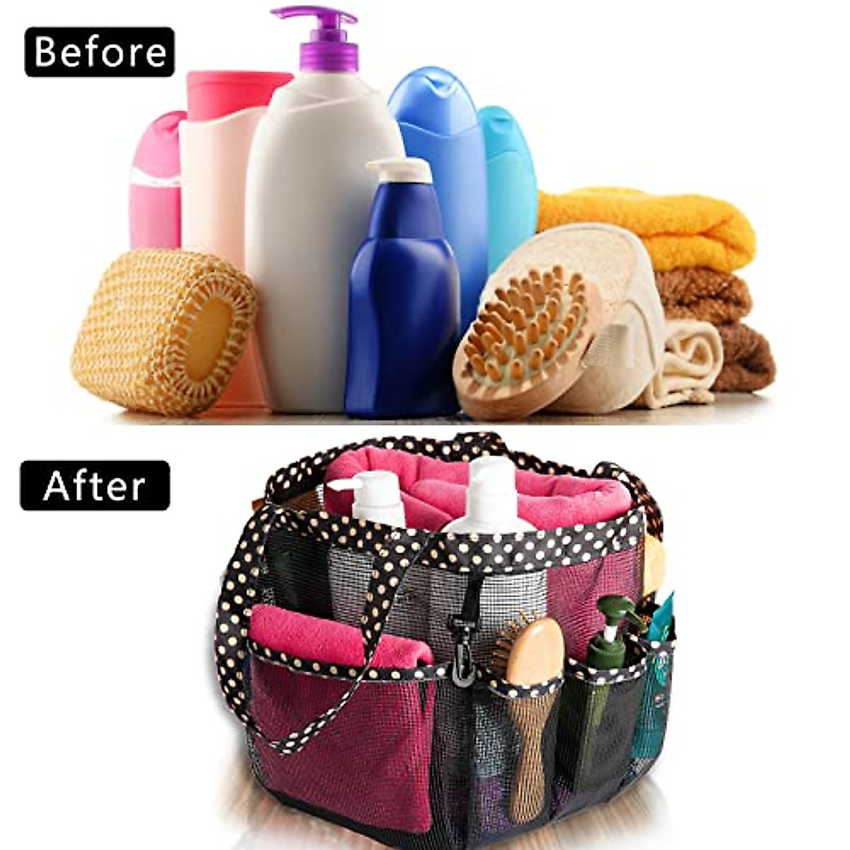 COFSODI Portable Hanging Mesh Shower Caddy - Shower Bag with Key Hook and Windproof Hook, 8 Pockets, Shower Organizer for College, Dorm, Camp, Beach, Swimming, Gym, Travel (Black)