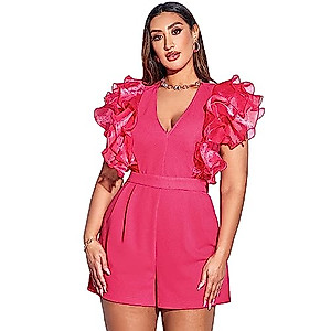 WDIRARA Women's Mesh Layered Ruffle Sleeve V Neck Pleated Solid Rompers Short Jumpsuits Watermelon Pink 3XL