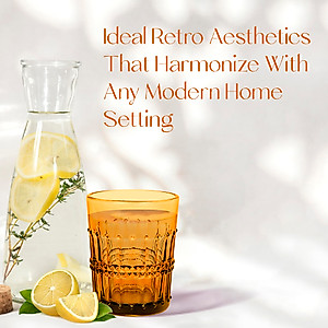 Vintage Old Fashion Whiskey Glasses, 10 Oz, Romantic Water Tumblers, Barware Glasses for Scotch, Bourbon, or Cocktails, Embossed Amber Beaded Glasses-Set of 4