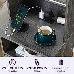 Clikuutory 47" Tall Nightstand with Charging Station & LED Lights, Large Nightstand with Adjustable Bookshelf, Modern Bedside Table with Storage Cabinet for Bedroom, Home Office, Grey