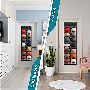 Fixwal Baseball Hat Rack, 16 Pocket Over The Door Cap Organizer Cap Hat Holder Hanger For Closet With Large Clear Pockets & 2 Hooks, Hat Storage to Protect and Display, Black