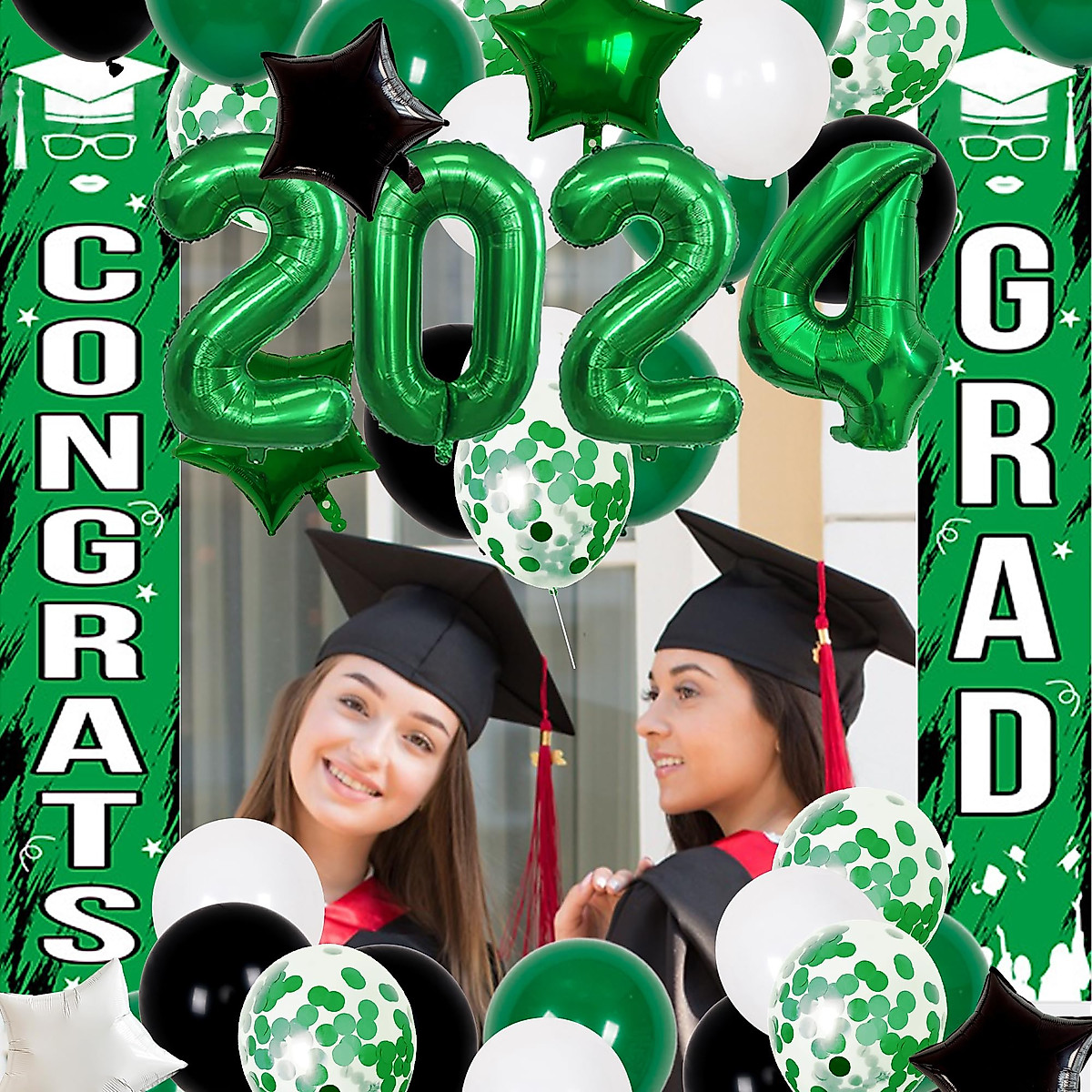 Graduation Decorations 2023 Green Black Graduation Party Supplies 2023 Congrats Grad Porch Sign Green Black 2023 Graduation Balloons Kit 2023 Graduation Party Decorations