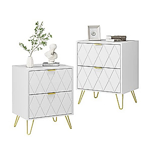 Anbuy White Nightstand Set of 2, End Side Table Double, Bedside Table with 2 Drawers, Dual Night Stand Metal Legs for Bedroom Living Room