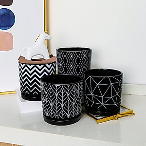 Ton Sin Flower Pots,5.5 Inch Black Ceramic Planter with Drainage Hole,Indoor Cylinder Plant Pots with Saucer,Cactus Succulent Outdoor Garden Pots Set of 4