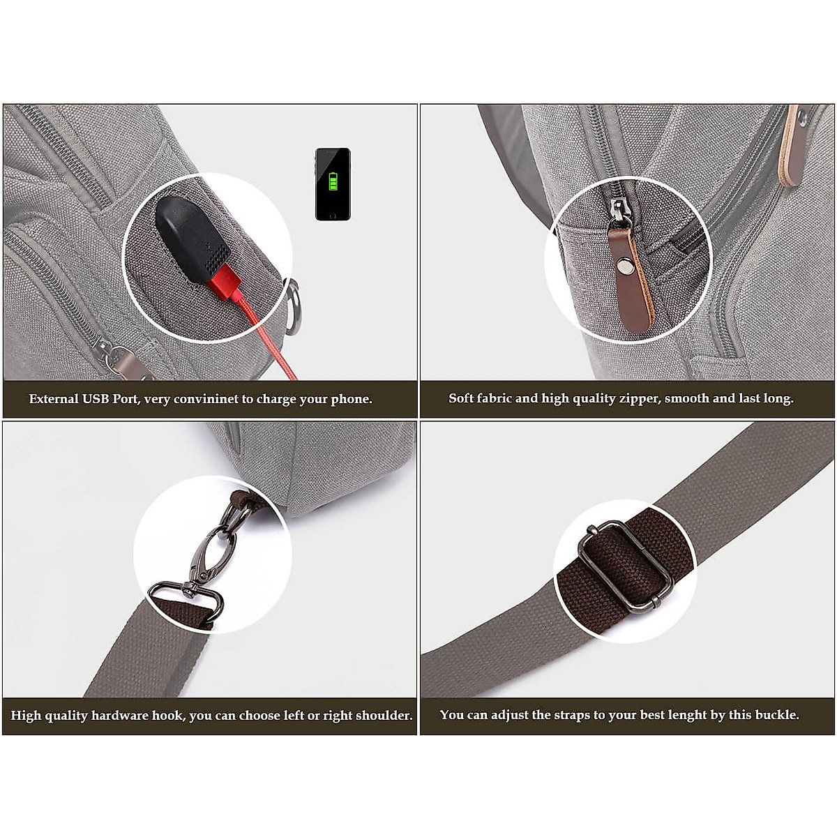 Canvas Sling Bag Crossbody Backpack Shoulder Casual Rucksack for Men Women Outdoor Cycling Hiking Travel Fishing Black