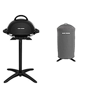 George Foreman Indoor/Outdoor Electric Grill, 15-Serving, black & GFA0240RDCG Round Grill Cover, Gray