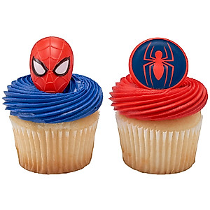 DecoPac Marvel's Spider-Man™ Spider and Mask Rings, Spider-Man Cupcake Decorations, Red and Blue Food Safe Cake Toppers – 24 Pack