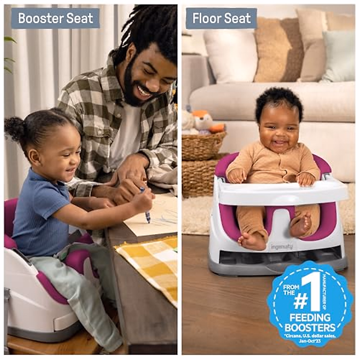 Ingenuity Baby Base 2-in-1 Booster Feeding and Floor Seat with Self-Storing Tray - Pink Flambe
