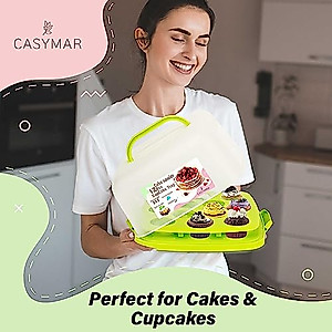 CASYMAR Portable Cake Carrier with 12 Cupcake Holder with Lid- Plastic Cake Containers with Lids Includes Knife & Accessories-Two Sided Base for Snacks Cookies Nuts Fruit etc-Suitable for 12-inch Cake