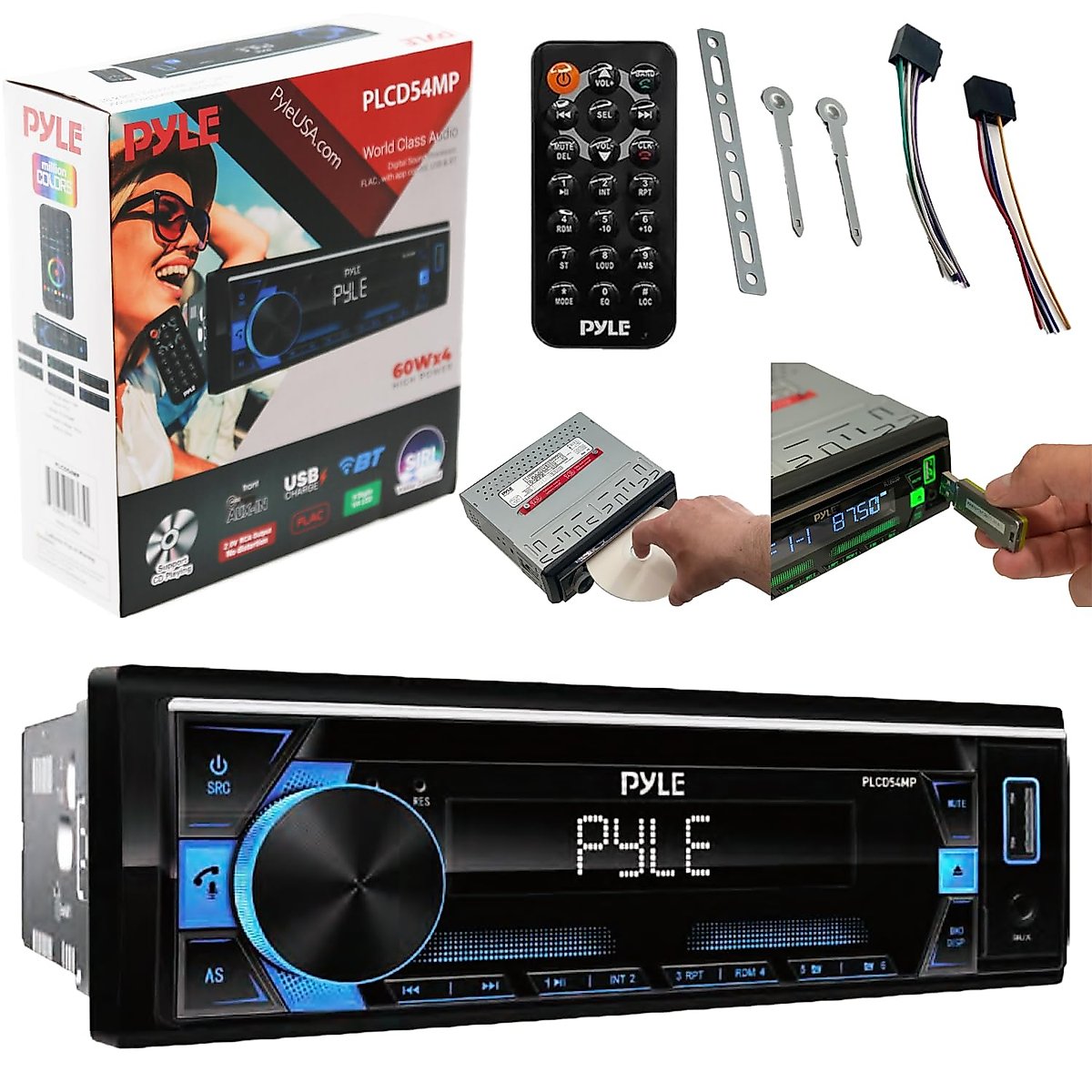 Pyle MP3 Stereo Receiver Power Amplifier, AM/FM/MP3/AUX Stereo Receiver, USB Flash Readers, Single DIN, 30 Preset Memory Stations, LCD Display with Remote Control, RGB Button