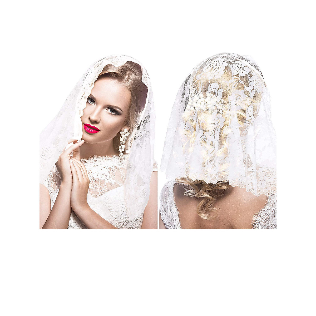 2 Pieces Floral Lace Veils Head Covering Latin Mass Mantilla Veils Short Scarf for Bridal Women (Simple Style,Medium)