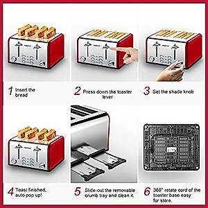 Geek Chef 4 Slice toaster, Best Rated Prime Retro Bagel Toaster with 6 Bread Shade Settings, 4 Extra Wide Slots, Defrost/Bagel/Cancel Function, Removable Crumb Tray, Stainless Steel Toaster, 1500W (Red-Classic)