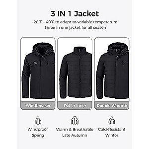 Wantdo Men's Ski Jacket Winter 3 in 1 Coat With Detachable Puffer Coat Black M