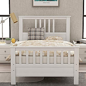 POCIYIHOME Twin Wood Platform Bed with Headboard and Footboard, Modern Bed Frame with Solid Wood Slat and Support Legs for Bedroom, Simple and Classic Design,No Box Spring Need, White (Twin)
