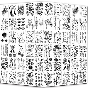 Yazhiji Tiny Waterproof Temporary Tattoos - 60 Sheets, Moon Stars Constellations Music Compass Anchor Words Lines Flowers for Kids Adults Men and Women.