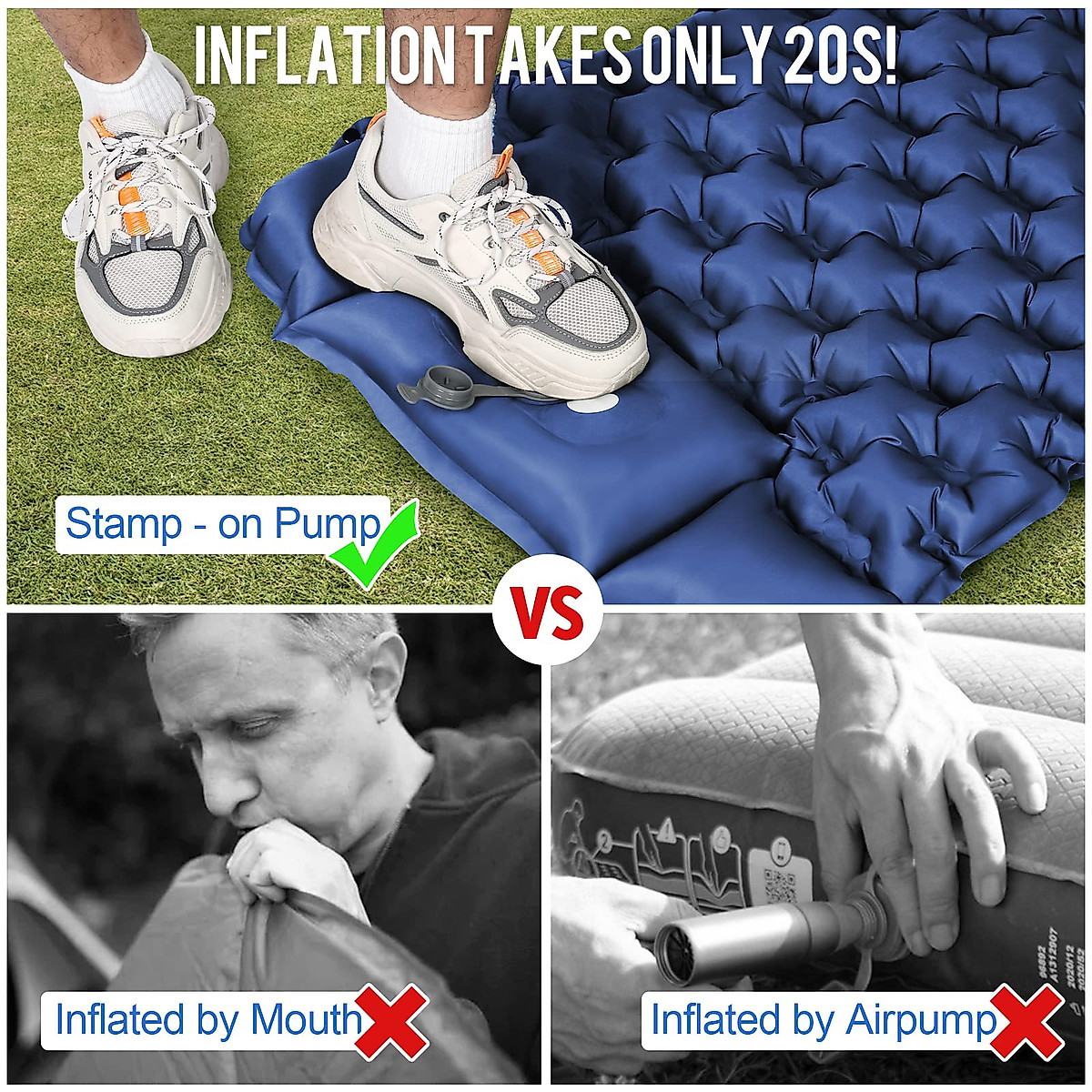 WANNTS Sleeping Pad, Ultralight Inflatable Sleeping Pad for Camping, Built-in Pump, Ultimate for Camping, Hiking - Airpad, Carry Bag, Repair Kit - Compact & Lightweight Camping Pad(Blue)