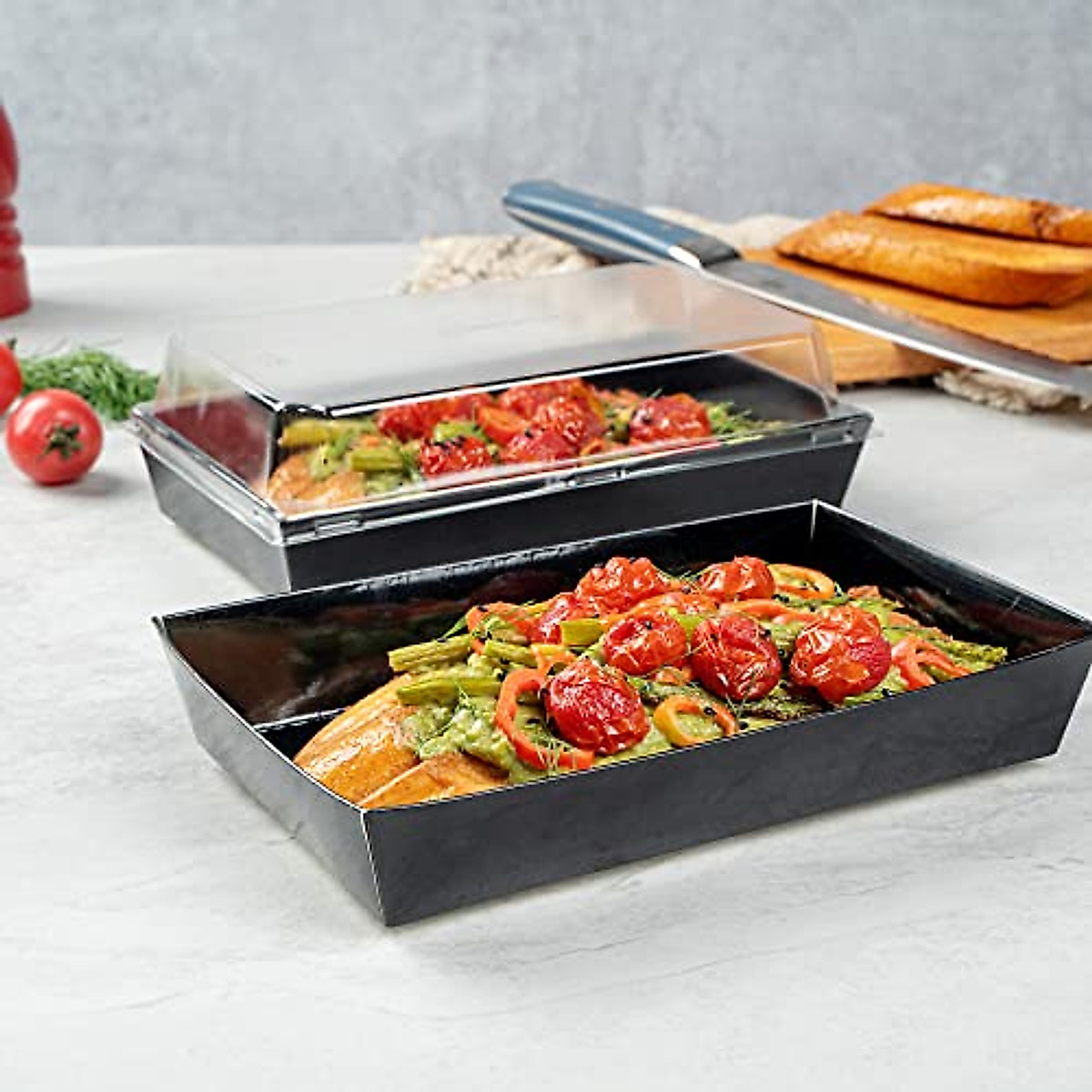 Restaurantware Matsuri Vision Rectangle Black Paper Medium Sushi Tray - 8" x 5" x 1 1/2" - 100 count box