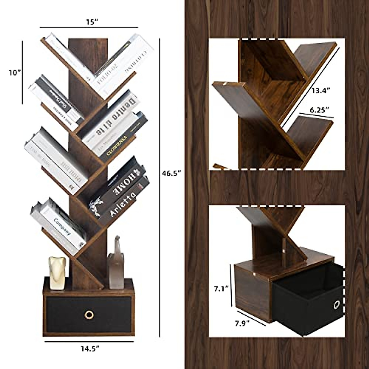 LAZYLAND Brown Bookshelf with Drawer, 6-Tier Floor Standing Tree Bookshelf, for CDs/Movies/Books, Utility Organizer Shelves for Home Office, Bedroom, Living Room