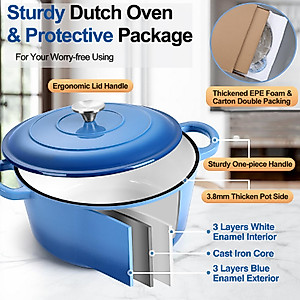 6 Quart Enameled Dutch Oven with Lid, P&P CHEF Cast Iron Dutch Oven Pot, Enamel Round Dutch Oven Cooking Pot for Braising, Stewing, Roasting, Baking, Various Stoves & Oven Safe, (Blue)