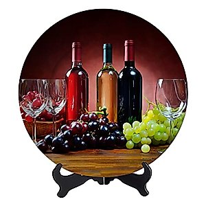 Kalen Still Life Wine Grapes Bottle Stemware Decorative Plate Wall Hanging Wedding Gifts Household for Home Decor Porcelain Plates with Display Stand 6 inches
