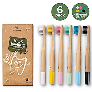 GREENZLA Kids Bamboo Toothbrushes (6 Pack) BPA Free Soft Bristles Eco-Friendly, Natural Toothbrush Set Biodegradable & Compostable Charcoal Wooden