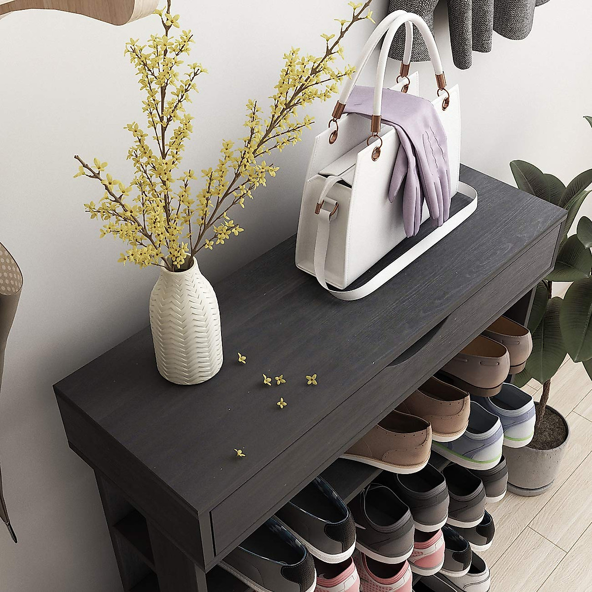 SogesPower Free Standing Shoe Racks 5-Tier Wooden Shoe Rack 29.5 inches Shoe Organizer with Flip Top Shoe Storage Shelf, Black