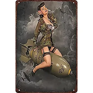 Vintage Tin Sign Pin Up Girl Military Girl Retro Metal Signs,for Garage Family Bar Cafe Room Bathroom Art Wall Decor Poster 12 x 8 inch