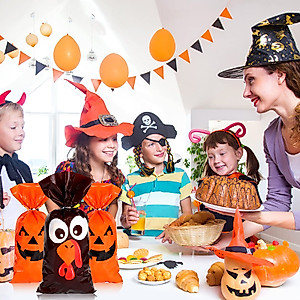 100 Pcs Thanksgiving Treat Bags 10.8'' x 5'' Pumpkin Turkey Candy Bags Fall Funny Face Cellophane Goodies Bags with 100 Twist Ties for Halloween Trick or Treat Fall Thanksgiving Party Supplies