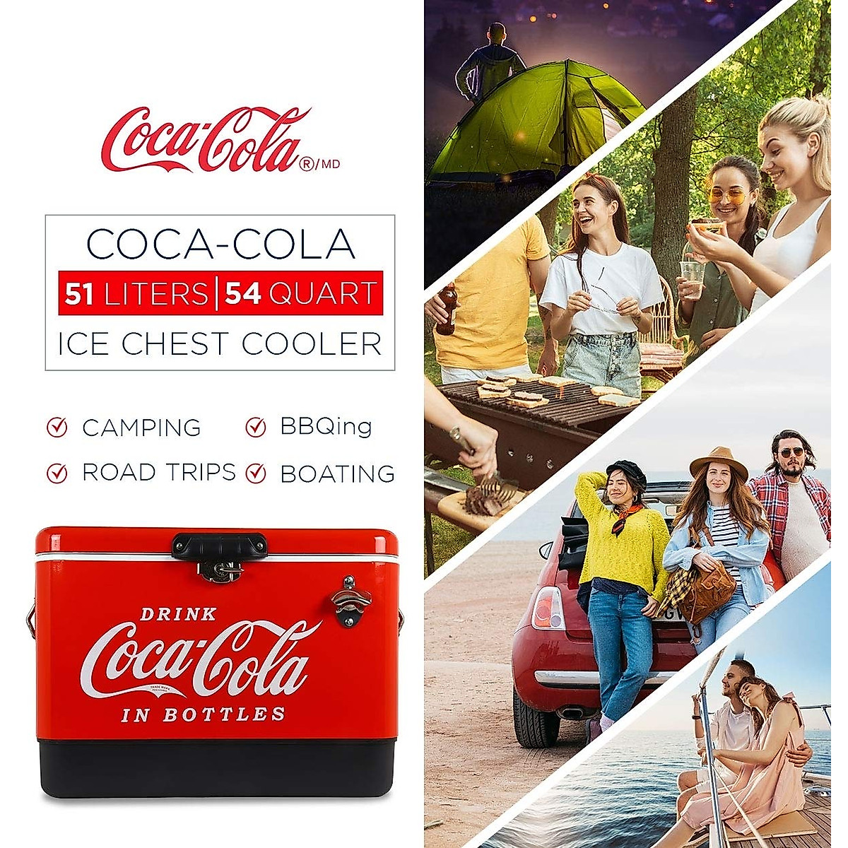 Coca-Cola Ice Chest Beverage Cooler with Bottle Opener, 51L (54 qt), 85 Can Capacity Portable Cooler, Red and Black, for Camping, Beach, RV, BBQs, Tailgating, Fishing