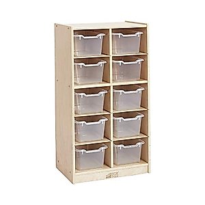 ECR4Kids 10 Cubby Tray Cabinet with Scoop Front Storage Bins, 5x2, Natural, Classroom Furniture, Clear
