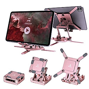 FINEDAY Foldable Stand (Up to 13" Devices), Rose Gold, Pink, Adjustable, 360° Rotatable, MagSafe Compatible Hole, Portable, Aluminum Tablet/Phone Stand, iPhone Stand, iPad Stand, Handmade After CNC