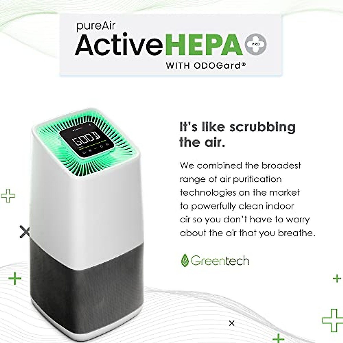 Greentech Environmental pureAir Active HEPA+ Pro with ODOGard® - Odor Eliminator and Air Purifiers for Home, Office, and Bedroom, Up to 375 Square Feet, Neutralizes Tough Odors, Easy Set Up