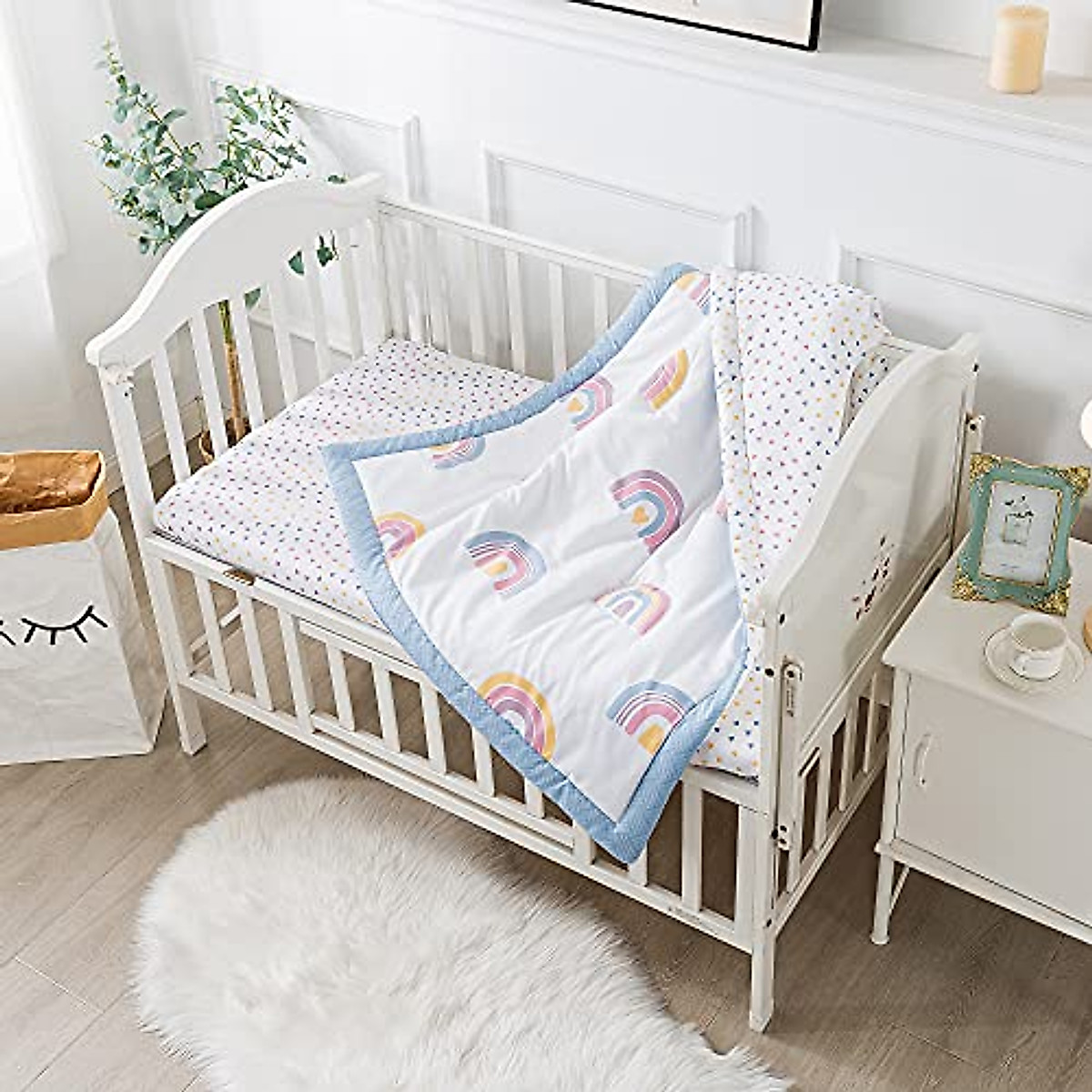 Hearts & Rainbow Crib Bedding Set - 3-Piece, Includes Quilt, Fitted Crib Sheet, and Changing Pad Cover - Rainbow Baby Crib Bedding, Farmhouse Nursery Décor, Baby Room Decorative Set for Girls