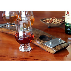 Barrel-Art Barrel Stave Premium 3 Glass Whiskey Flight Serving Tray with Glencairn Glasses, Dark Walnut