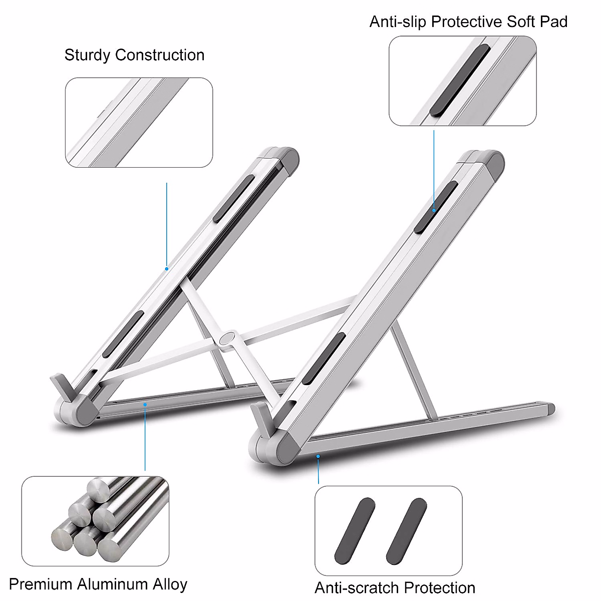Jubor Laptop Stand, Portable Computer Laptop Mount, Aluminum Laptop Riser with 6 Levels Height Adjustment, Fully Collapsible, Supports up to 44lbs, Fits up to 17.3 Laptop - White