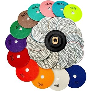 13 Packs 4 Inch Diamond Polishing Pads with 5/8’’-11 Backer Pad 12PCS Wet/Dry Polish Pad Kit for Drill Grinder Polisher 50-8000 Grit Pads for Granite Marble Concrete Stone Countertop Quartz Polishing