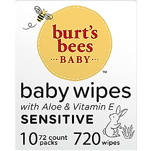Burt's Bees Baby Wipes, Unscented Towelettes for Sensitive Skin, Hypoallergenic & Non-Irritating, All Natural with Soothing Aloe & Vitamin E, Fragrance Free, 72 count ( Pack of 10)
