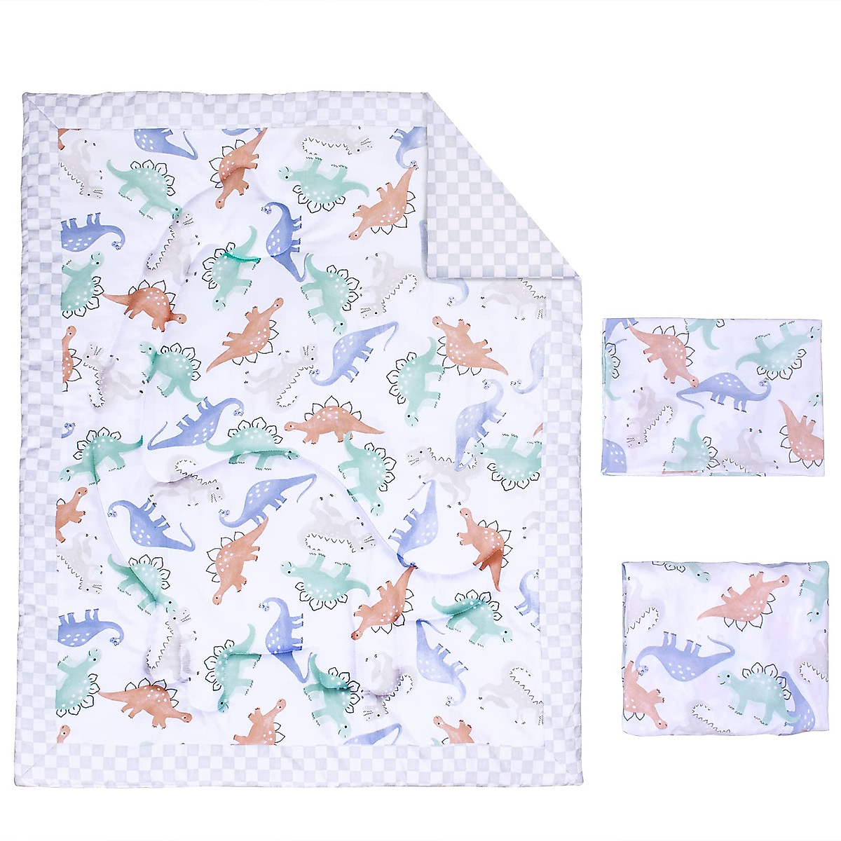 UOMNY Crib Bedding Sets for Boys - 3 Piece Dinosaur Nursery Bedding Set Baby Boys Bedding Sets Crib Set Crib Quilt Fitted Sheet Crib Pilowcase Grey Plaid / Blue Little Dinosaurs