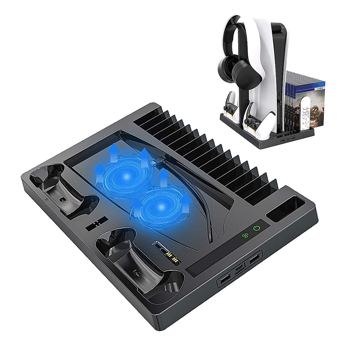 Sequn Vertical Charging Stand for Playstation 5 with Cooling Fan for PS5 Digital Edition/Ultra HD Console, Charging Dock Station with 15 Game Storage Slots and Dual Controller Charger Ports