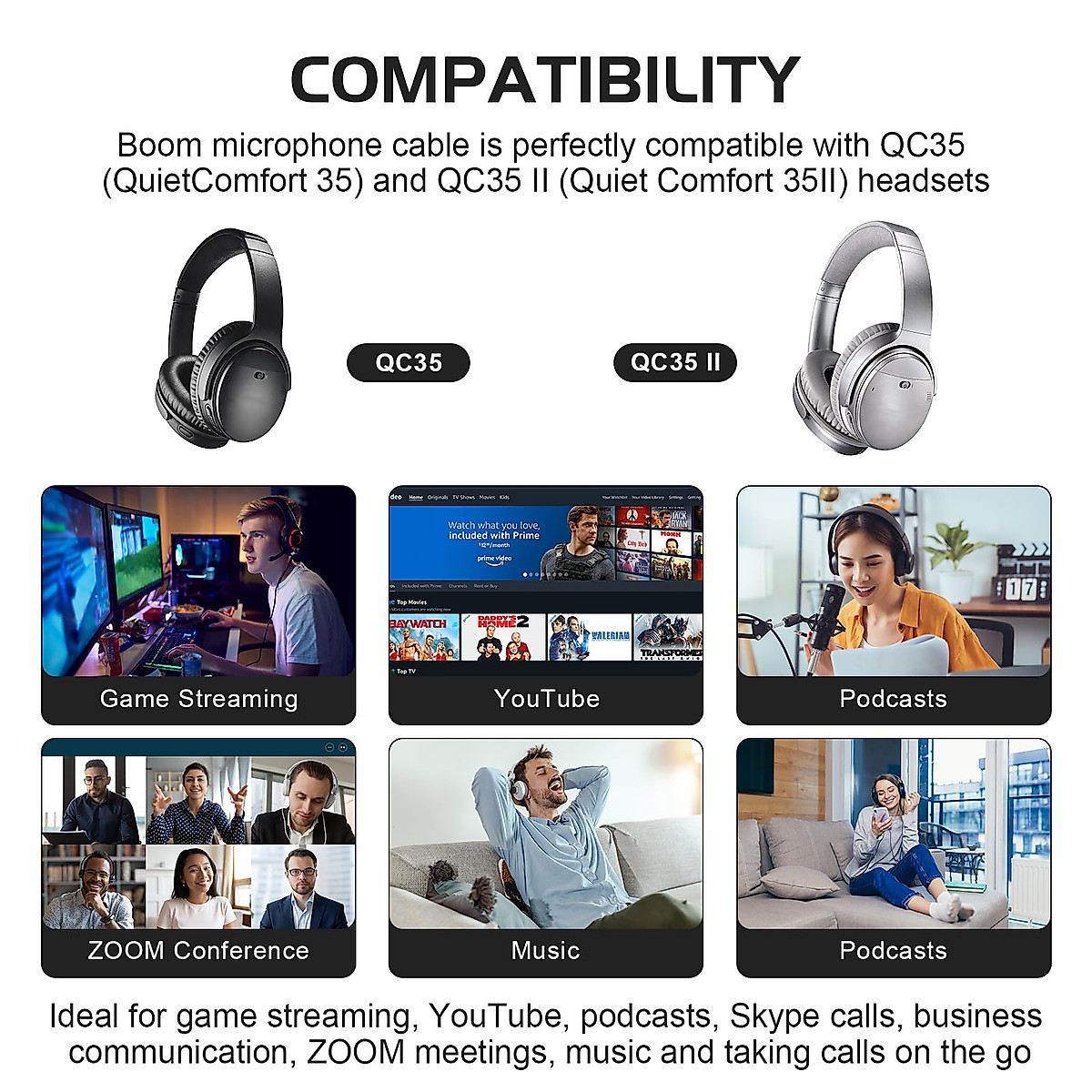 QC35 Boom Microphone Cable with 3.5mm Headset Splitter Adapter Compatible with Bose QuietComfort 35, QC35 II Headphones for PC, Laptop, PS4, PS5, Xbox One Controller