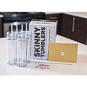 STRATA CUPS Skinny Acrylic Clear Tumblers with Lid and Straw 4 Pack - 16 oz Insulated Double Wall Reusable Plastic Tumbler Cups with FREE Straw Cleaner & Name Tags | Bulk Camping & Traveling Tumblers