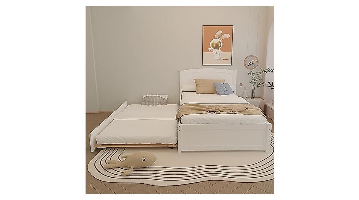 Xilingol Twin Trundle Bed – Solid Wood Frame with Headboard