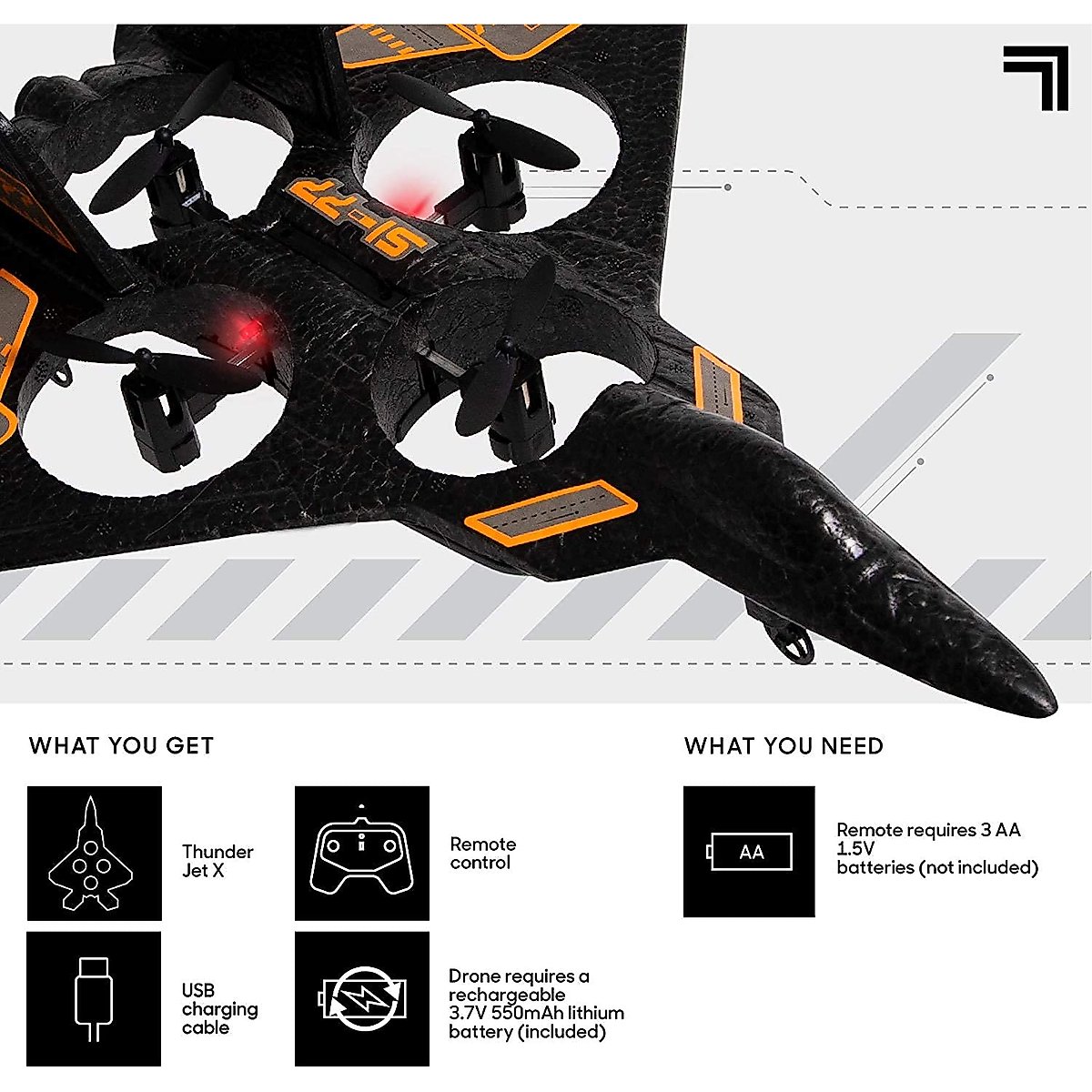 SHARPER IMAGE Thunderbolt Remote Control Stunt Drone, Standard Edition, 2.4 GHz Wireless Fighter Jet RC, Quadcopter with Assisted Landing, Small Plane for Kids and Beginners, Rechargeable