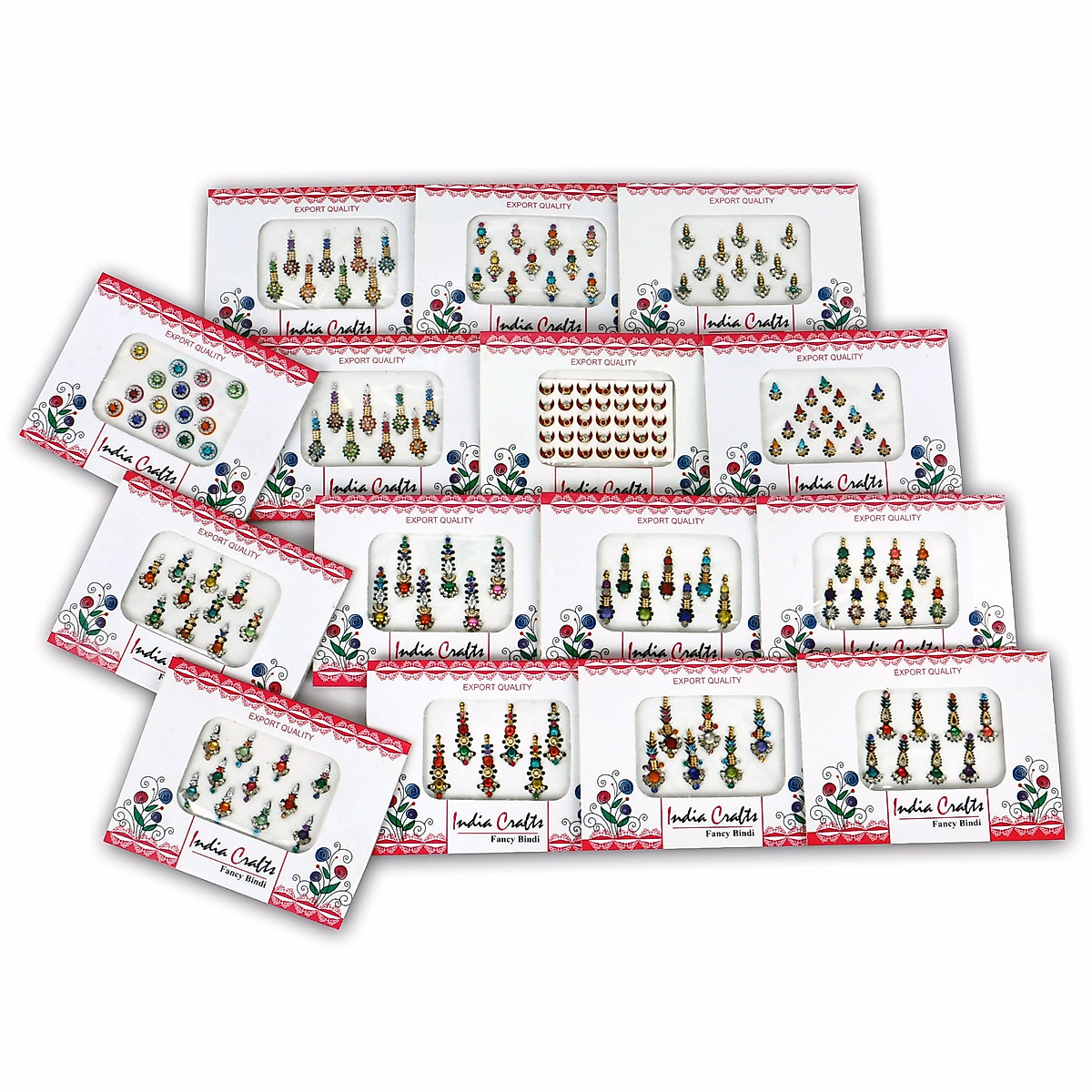 India Crafts ™ 12 Packs- 100 Multicolored long Bindis Forehead Tika Face Jewels