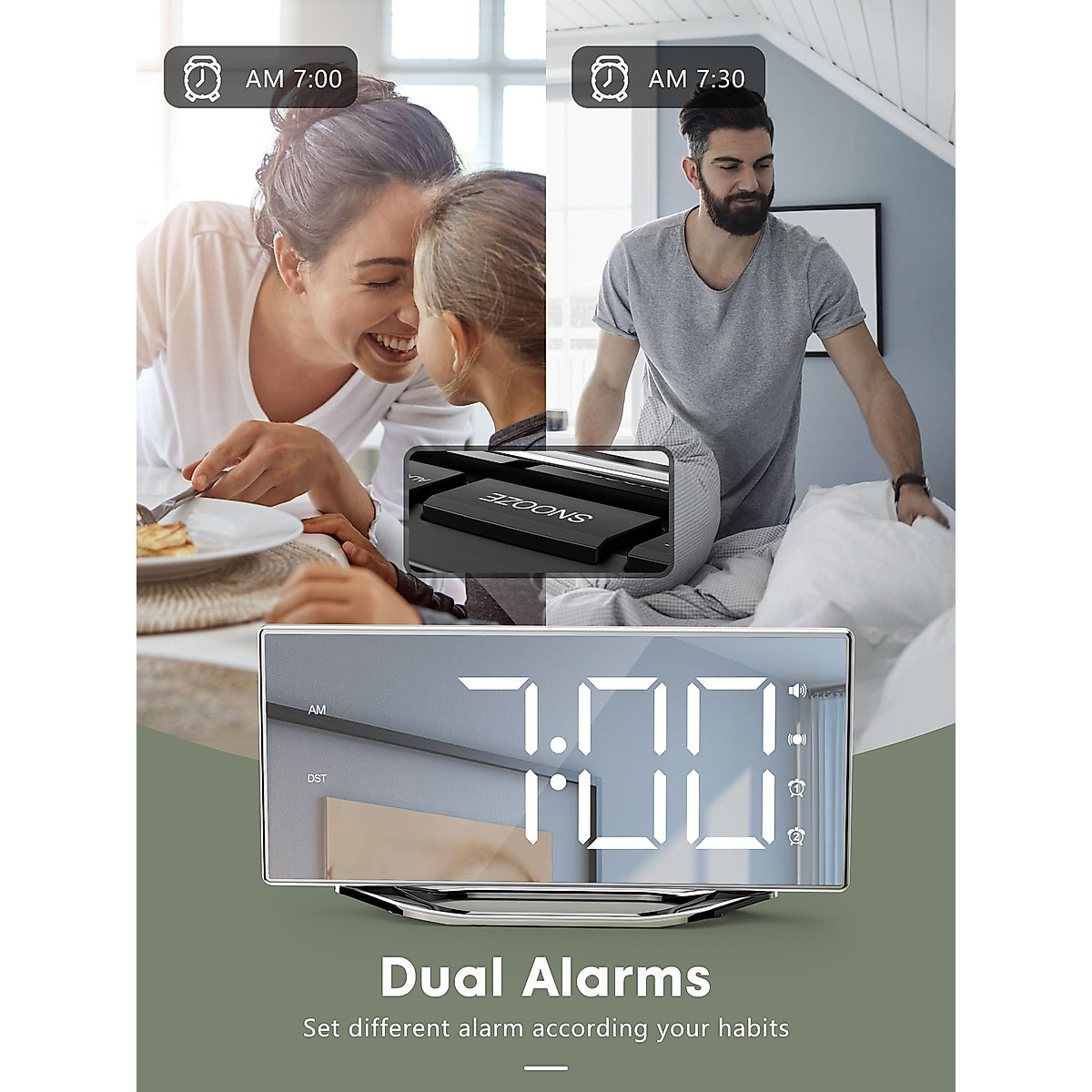 Extra Loud Vibrating Alarm Clock with Bed Shaker for Deep Sleepers Adult Hearing impaired Deaf, Dual Alarms Digital Clock for Bedroom,8.7'' Large Mirror LED Display,USB Charger,Battery Backup,Dimmable
