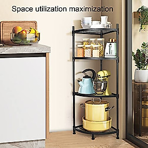 YSSOA 4 Tier Corner Display Rack Multipurpose Metal Shelving Unit, Bookcase Storage Rack Plant Stand for Living Room, Home Office, Kitchen, Small Space, 1-Pack, Black