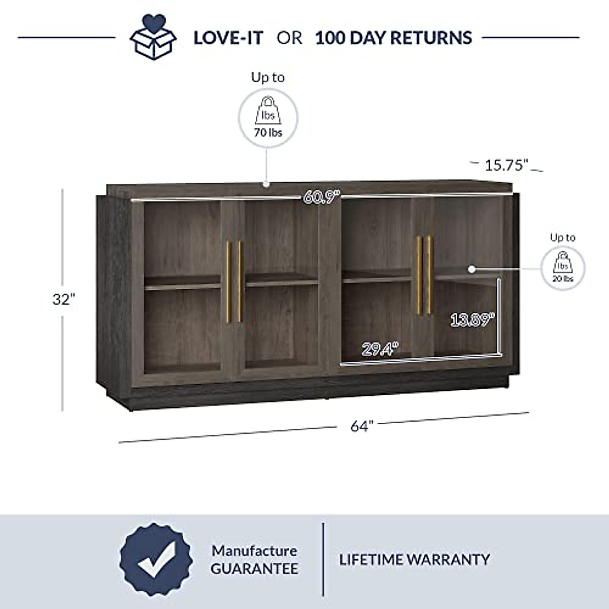 BELLEZE Sideboard Buffet Cabinet, Modern Wood Glass-Buffet-Sideboard with Storage, Console Table for Kitchen, Dinning Room, Living Room, Hallway, or Entrance - Brixston (Brown)