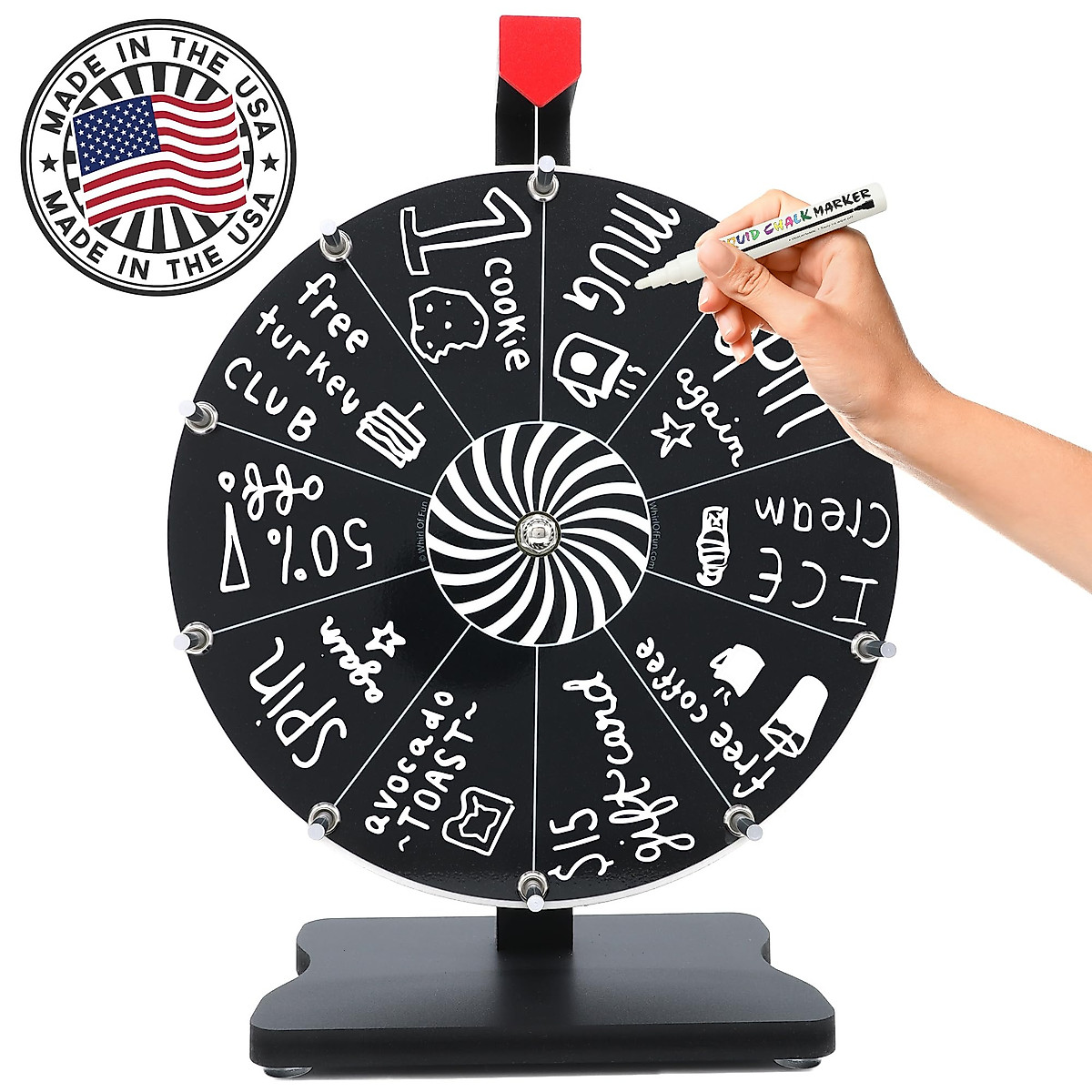 Whirl of Fun 12 inch Black Prize Wheel - Spinning Wheel for Prizes with Stand, 10 Slots, Customize Erasable Dry Erase Surface, Portable, Tools Included, Made in USA